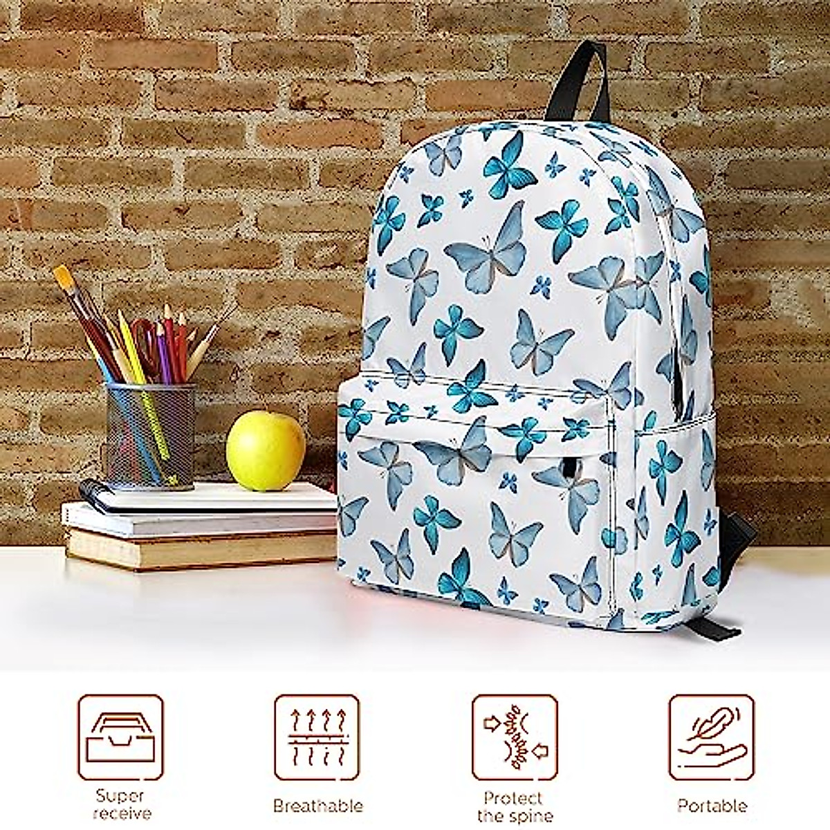 Gtonpum Classic Butterfly Girls School Backpack, Lightweight Basic Middle School Bookbags 17 Inch Casual Daypack for Big Kids Student College, Travel or Outdoor with 15-Inch Laptop Compartment, White