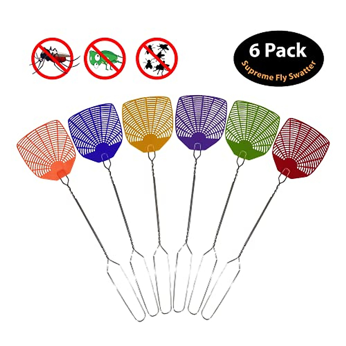 Supreme Bug & Fly Swatter 6-Pack – Braided Metal Handle 6 Pack Fly Swatters, Multi Pack Colors, – for Indoor/Outdoor – Flyswatter (21 inch- Set of 6)