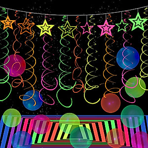 54 Pieces UV Hanging Swirl Paper Neon Star Garlands Neon Streamers Glow Party Supplies and Decorations Black Light Neon Decorations for Dark Glow Party UV Reactive Wedding Birthday Neon Party Favors