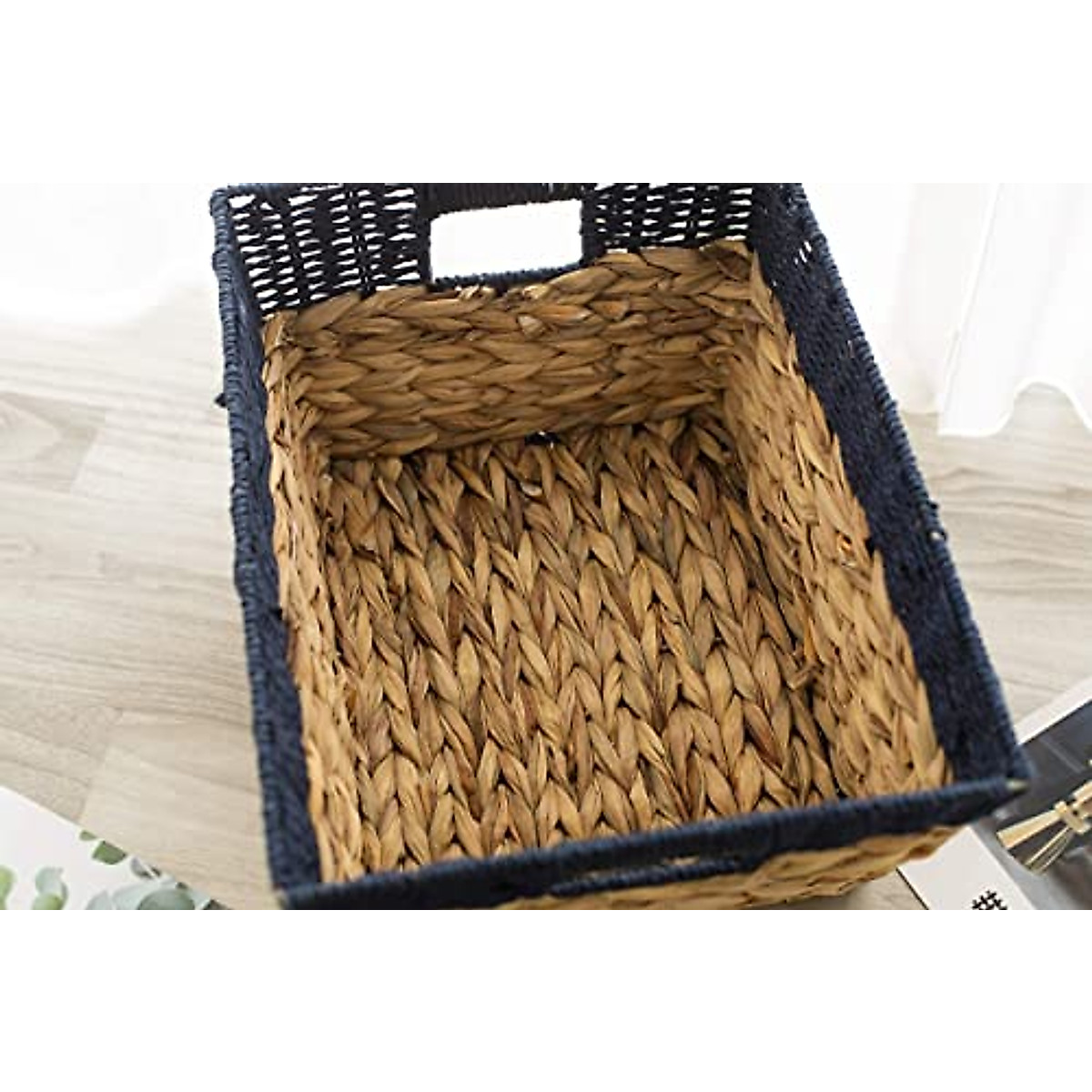 JiaLan Rectangular Seagrass Woven Storage Basket with Cut-out Handles, Natural Straw Baskets for Organization and Storage,Large,15.7 inchesx11.8 inchesx7.8 inches