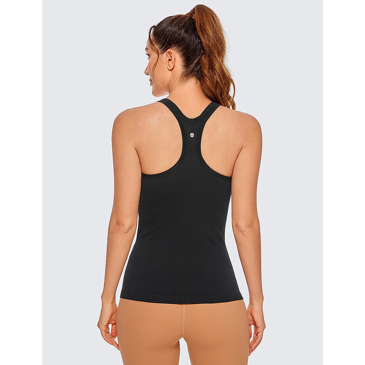 CRZ YOGA Womens Seamless Ribbed Racerback Tank Tops with Built in Bra - Padded Scoop Neck Slimming Athletic Long Camisole Black X-Small