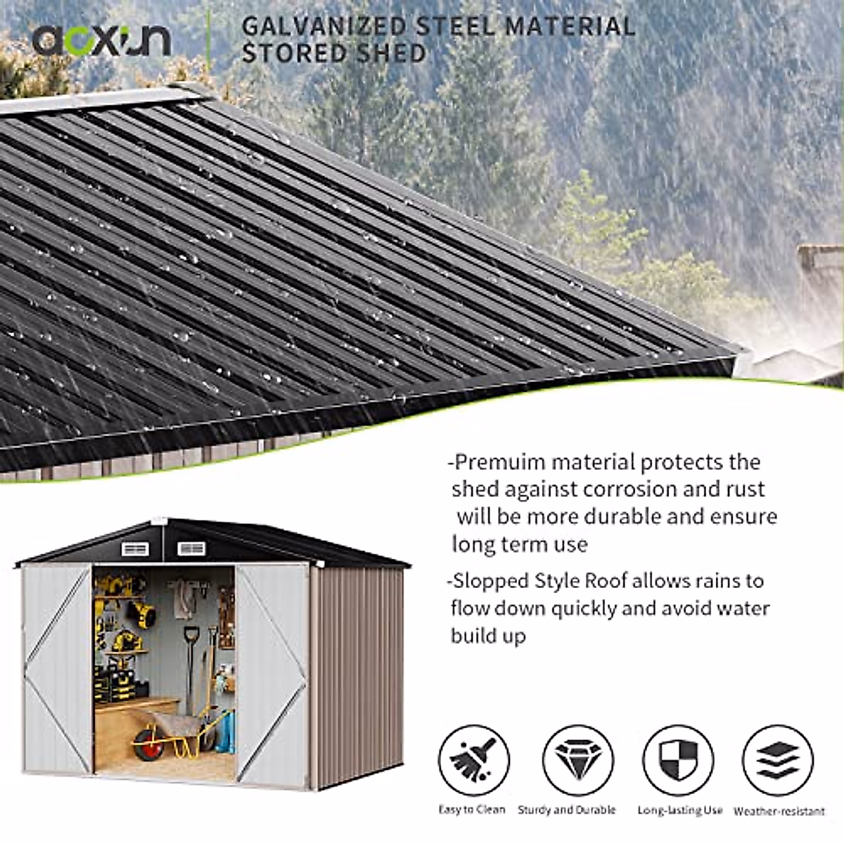 Aoxun Outdoor Storage Shed Waterproof, 4X 6FT and Garden Shed for Bike, Garbage Can, Tool, Lawnmower, Outdoor Metal Shed for Backyard, Patio, Brown