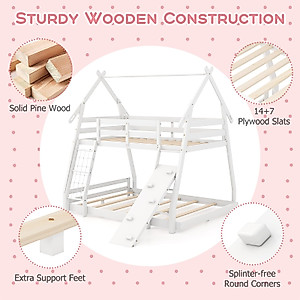 Costzon Twin Over Queen Bunk Bed, House Shaped Bed Frame with Climbing Nets and Ramp, Safety Guardrail, No Box Spring Needed, Wooden Kids Bed for Boys Girls (White, Twin Over Queen)
