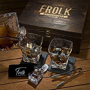 Whiskey Decanter and Stones Gift Set for Men - Whiskey Decanter, 2 Rocks Whiskey Glasses, 8 Stainless Steel Whisky Cubes, 2 Slate Coasters, Special Tongs & Freezer Pouch in Pinewood Gift Box