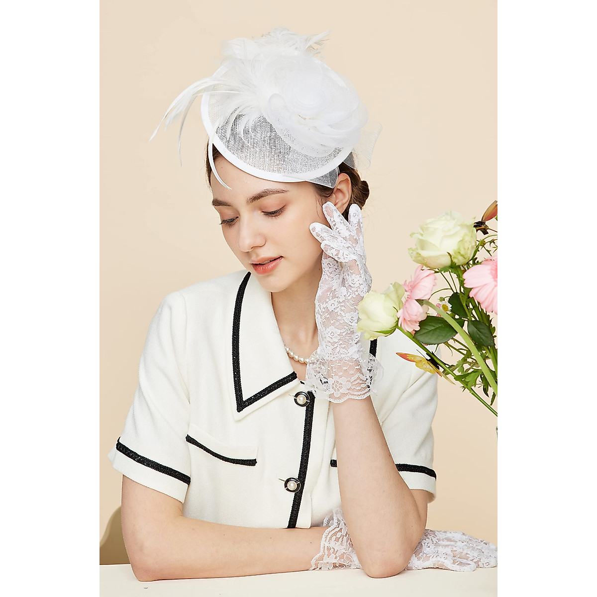 Gionforsy Fascinators Hats for Women Feather Kentucky Derby Hats with Pearl Necklaces Lace Gloves Wedding Veil Hat (US, Alpha, One Size, White)