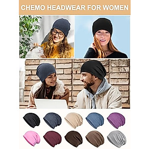 Senker Fashion Cotton Slouchy Beanie Hats, Chemo Headwear for Women Men Soft Lightweight Chemo Skull Cap Elastic Sleeping Cap Black Grey