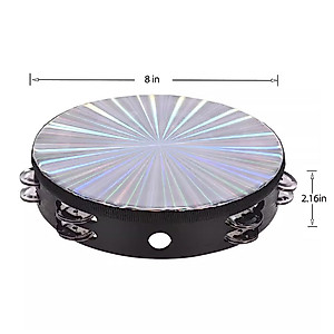Radiant Tambourine 8 Inch Hand Held Drum with Double Row jingles, Reflective Tambourines Percussion Musical Instruments for Adults Kids Church Party Dance Games