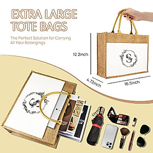 JUSTOTRY Initial Tote Bag - Natural Jute Large 13OZ Utility Personalized Canva Tote Bag Monogrammed Gift for Women