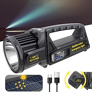 JSKNB 1000000 Lumens Spotlight, 9 Modes Rechargeable Led Spotlight Flashlight with 350° Rotate Head, Super Bright Spot Lights Outdoor Handheld, Waterproof Solar Flashlight for Emergencies, X-Large