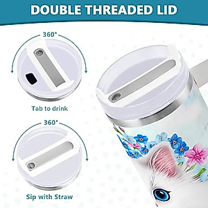 Cozy White Cat Rose 40 Oz Tumbler with Handle, Stainless Steel Cups with Lid, Travel Coffee Tumbler