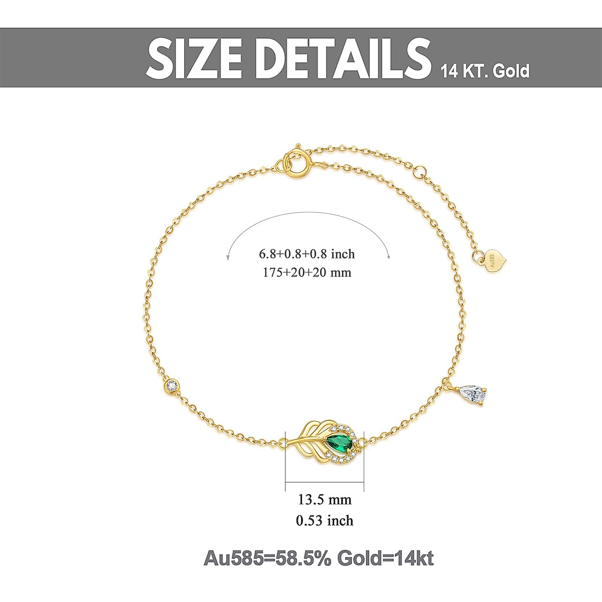 SISGEM Real 14k Gold Peacock Feather Bracelet for Women, 14 Karat Gold Animal Lover Wrist Jewelry Gifts for Her, 6.8"+0.8"+0.8"