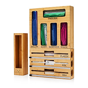 Worthy Willow Bamboo 9 in 1 Ziplock Bag, Aluminum Foil, and Plastic Wrap Organizer [IMPROVED DESIGN!]