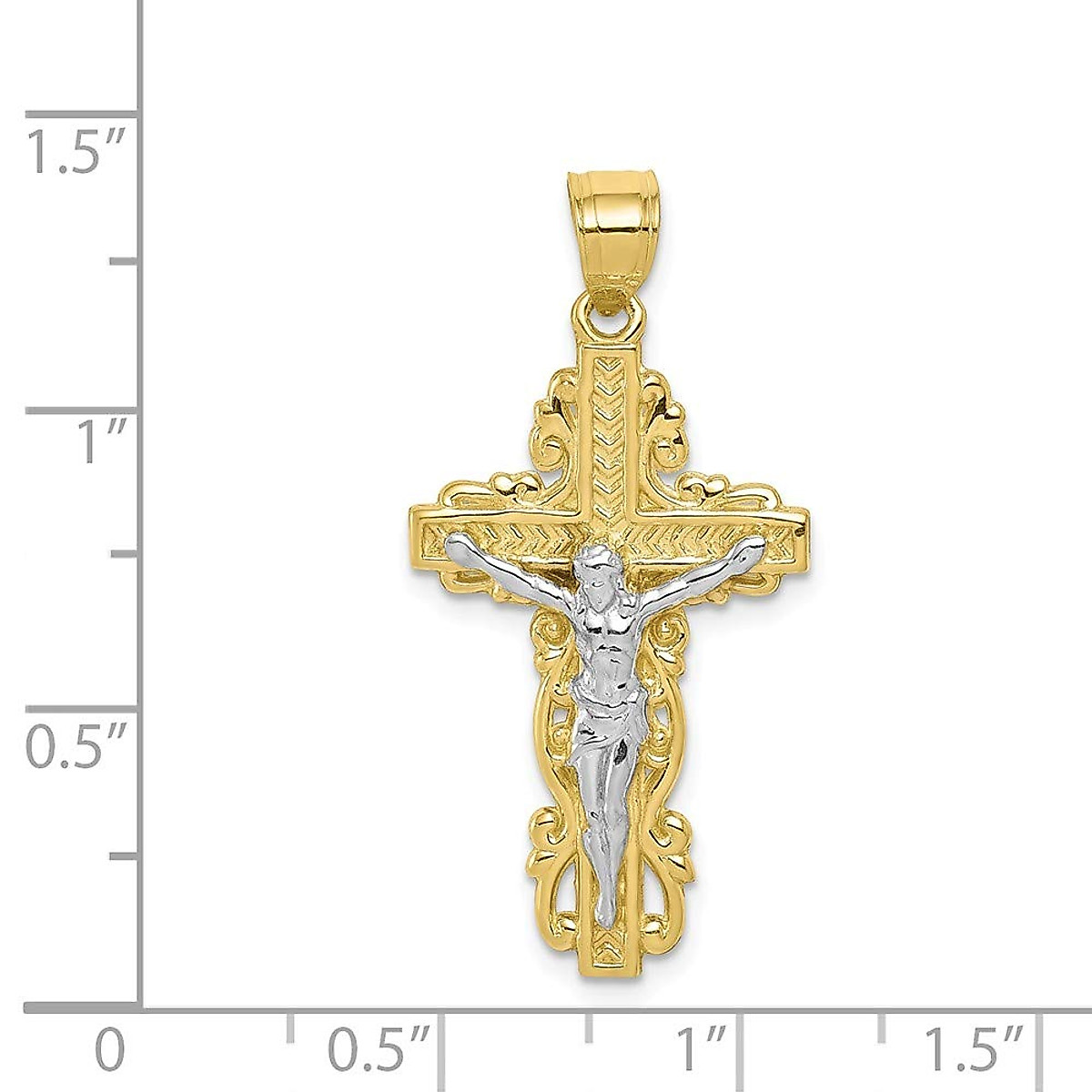 Solid 10k Yellow Gold Two Toned Cross Pendant Crucifix Charm - 35mm x 16mm