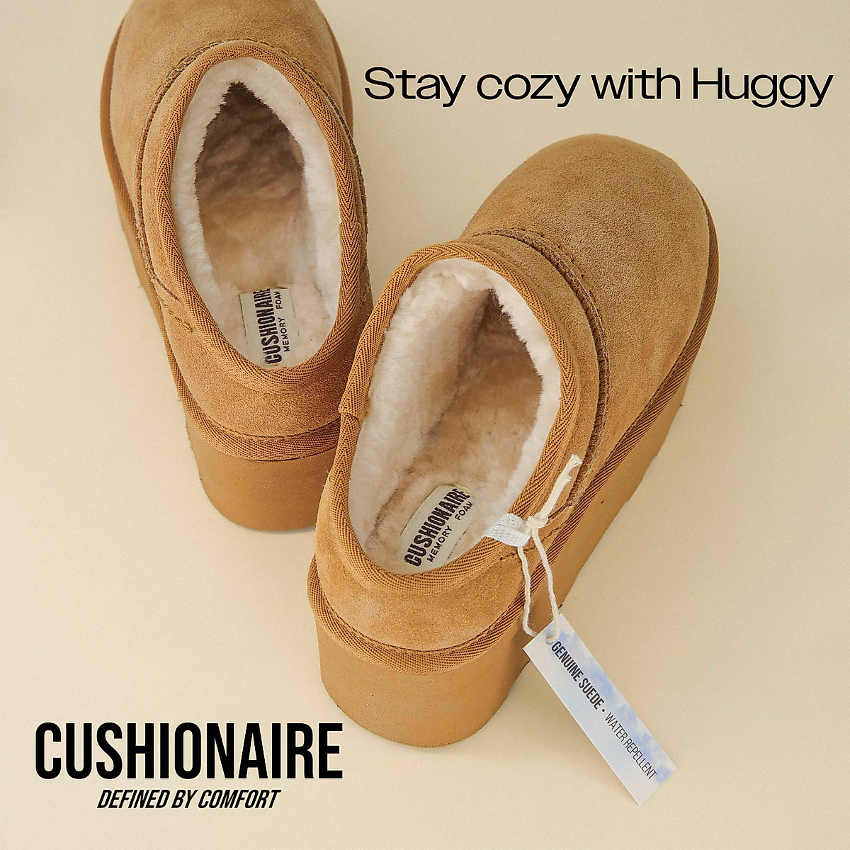 CUSHIONAIRE Women's Huggy Genuine Suede Cozy Mule Platform +Memory Foam, Wide Widths Available, Sand 7.5