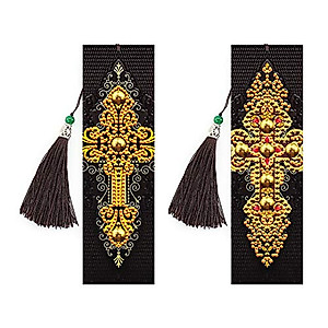 Generic 2 Pieces Diamond Painting Kits Bookmarks with Tassel Jesus Cross Christian DIY Leather Bookmark Art Craft 5D Special Shaped Crystal Paint by Numbers for Adults Kids Students Gift 6x21cm