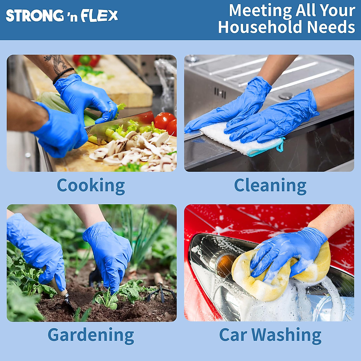 STRONG 'n FLEX 4.5-mil Disposable Blue Nitrile Gloves – Extra Durable & Comfortable, Food Safe, Ideal for Cleaning & All Household Needs – 100pcs - XL