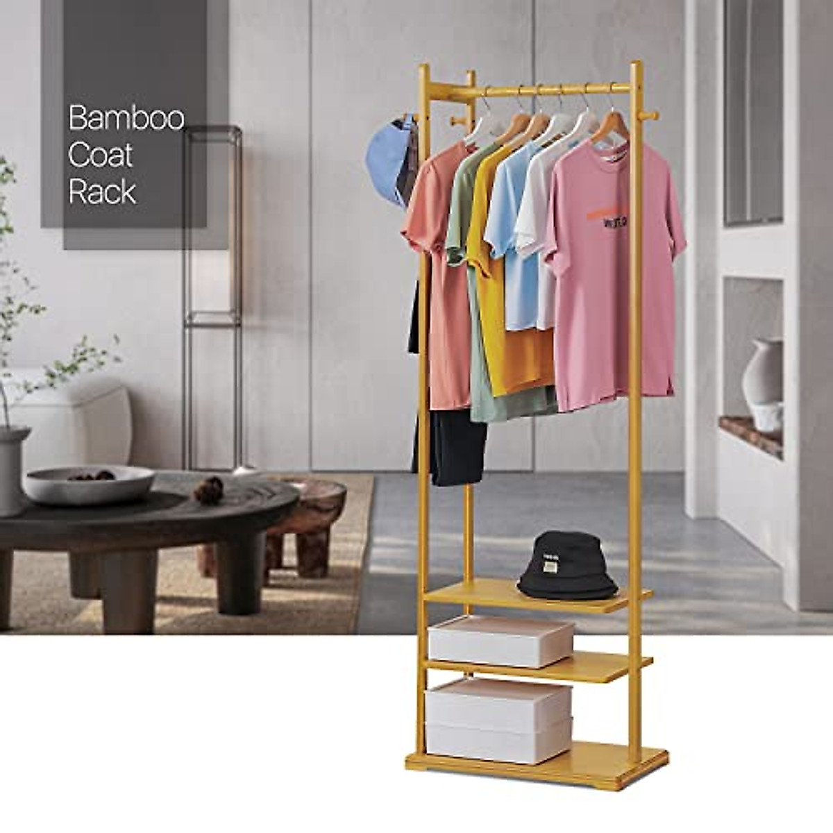 MoNiBloom Bamboo Freestanding Garment Rack with Shelves and Hooks Tall 3 Tiers Clothes Racks Clothing Storage Shelving w/Pants Racks for Bedroom Laundry Room Guest Room, Natural