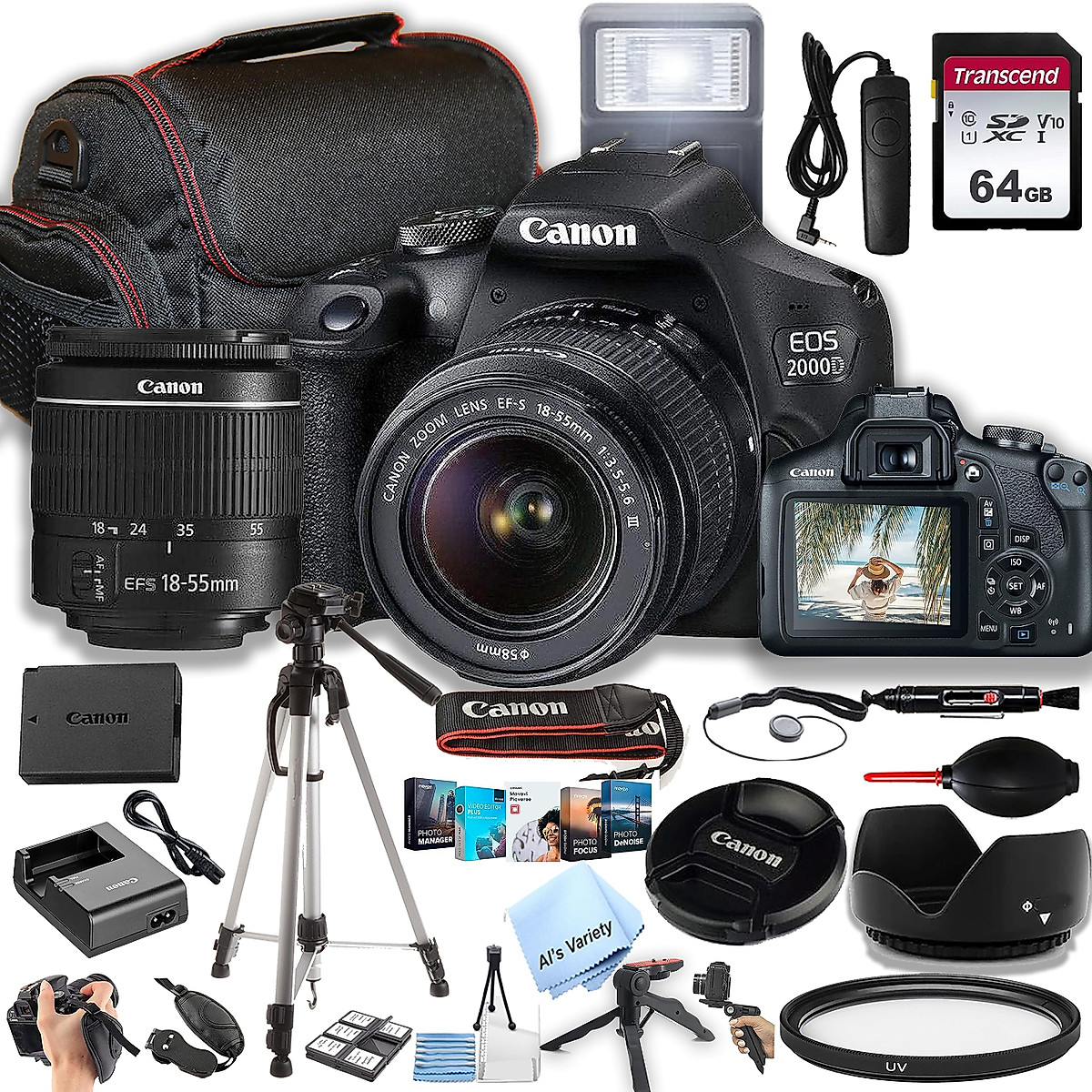 Canon EOS 2000D / Rebel T7 DSLR Camera w/EF-S 18-55mm F/3.5-5.6 Zoom Lens + 64GB Memory, Case, Tripod, Flash, Remote, and More (32pc Bundle) (Renewed)