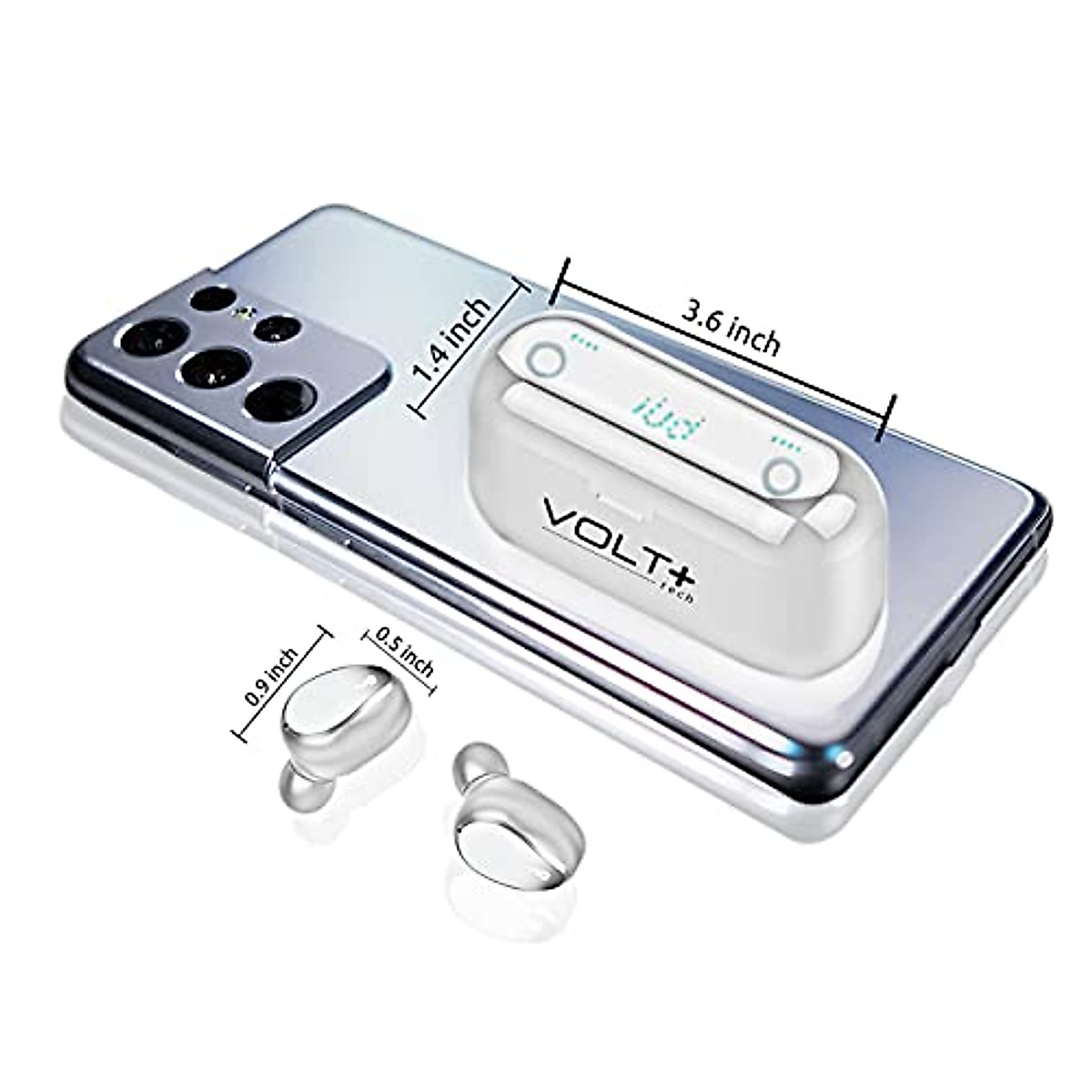 Volt Plus TECH Wireless V5.0 Bluetooth Earbuds Compatible with Samsung Galaxy J6+ LED Display, Mic 8D Bass IPX7 Waterproof/Sweatproof (White)
