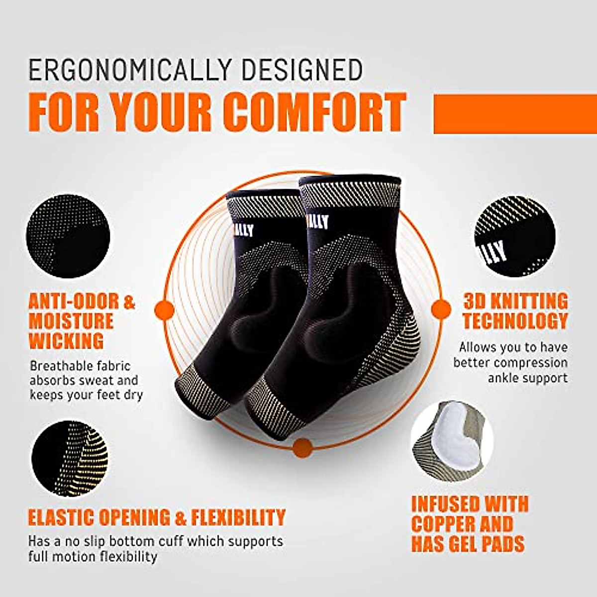 NeoAlly Copper Ankle Brace with Gel Pads Ankle Compression Sleeves for Plantar Fasciitis, Foot Pain, Sprained Ankle Support & Recovery, Medium, 1 Pair