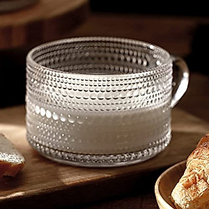 ZOOFOX Set of 4 Glass Coffee Mugs, 14 Oz Clear Glass Cups with Golden Spoons, Vintage Embossed Coffee Cups Set for Latte, Espresso, Cappuccino, Cereal, Yogurt, Tea and Hot Beverage