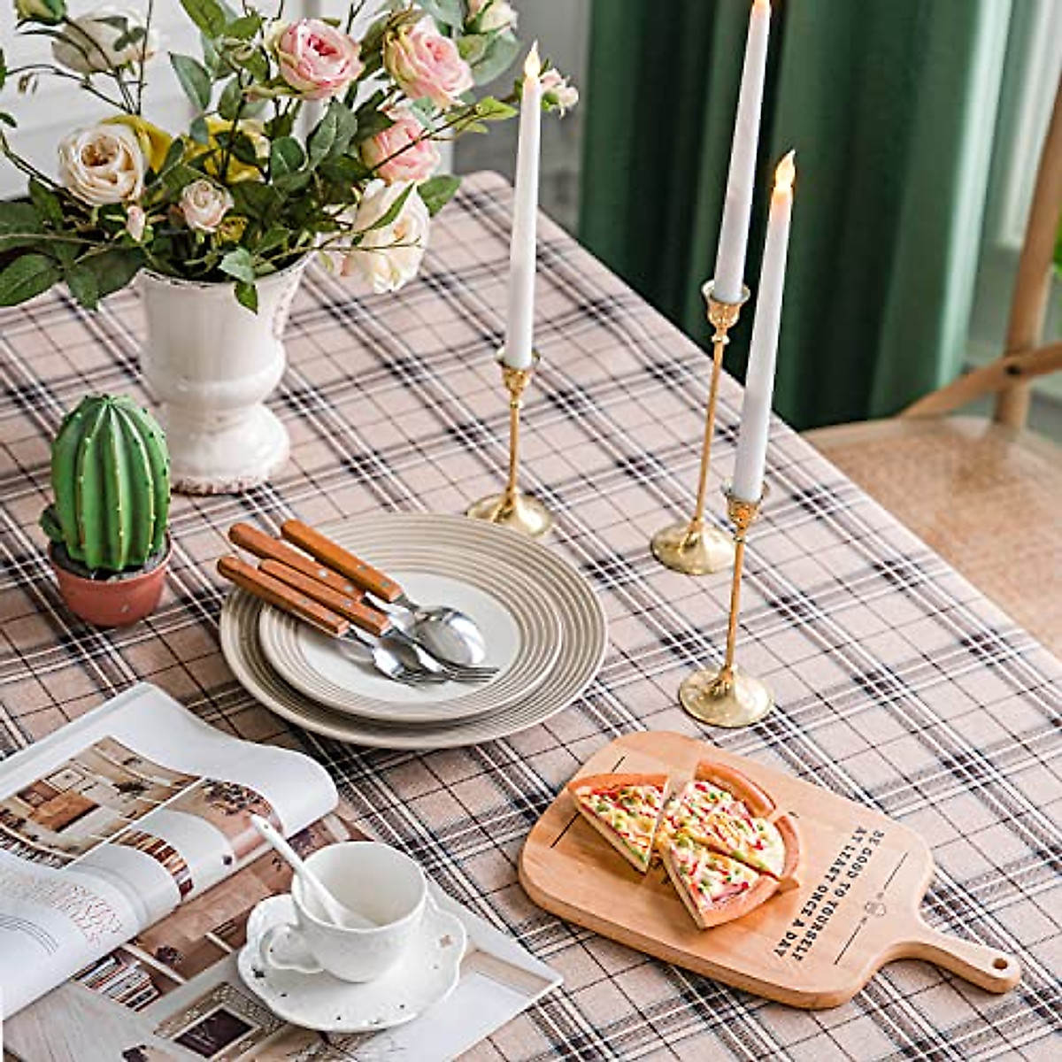 Neelvin Rustic Rectangle Plaid Thick Tablecloth Cotton Linen Table Linens Tablecloths Waterproof Wrinkle Free Table Cover for Kitchen Dinning,55"x87",6-8 Seats