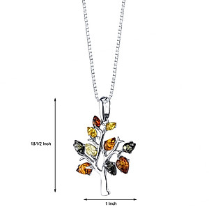 PEORA Genuine Baltic Amber Tree of Life Pendant Necklace for Women 925 Sterling Silver, Rich Cognac, Olive Green and Light Yellow Colors, with 18 inch Chain