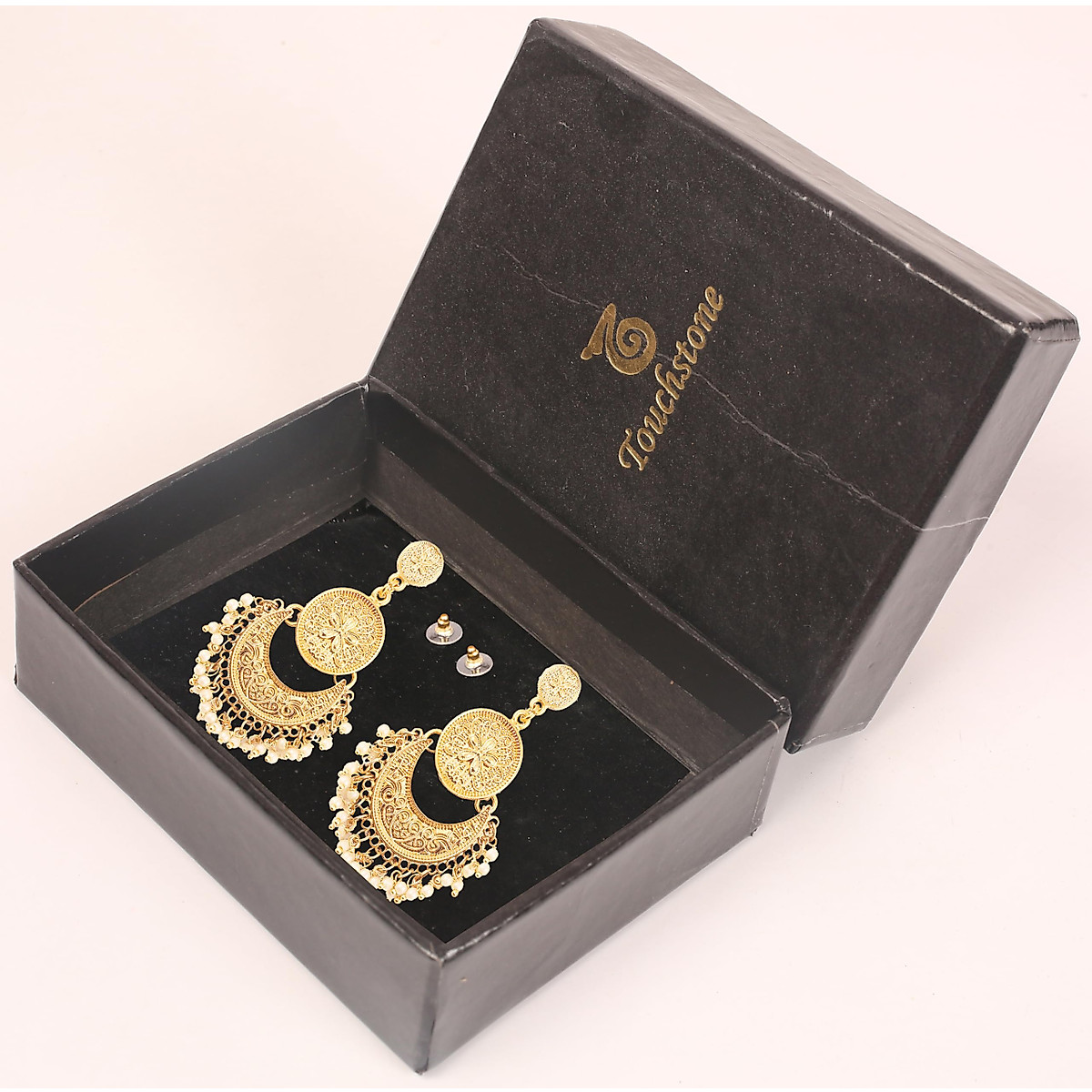 Touchstone Indian earrings for women jewelry jhumkas gold folklorico dangle bollywood wedding clip on gypsy chandbali chandelier aretes de charro navratri filigree accessories in antique gold tone.