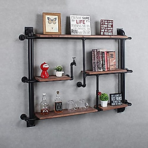 Industrial Pipe Shelving,Rustic Wooden&Metal Floating Shelves,Home Decor Shelves Wall Mount Display Racks,Decorative Accent Wall Book Shelf for Kitchen or Office Organizer,Grey