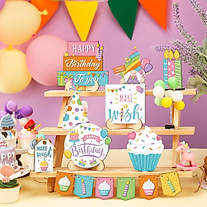 14 Pieces Birthday Tiered Tray Decor Farmhouse Happy Birthday Desk Decorations Wooden Wishes Cupcake Decor Table Sign for Party Supplies