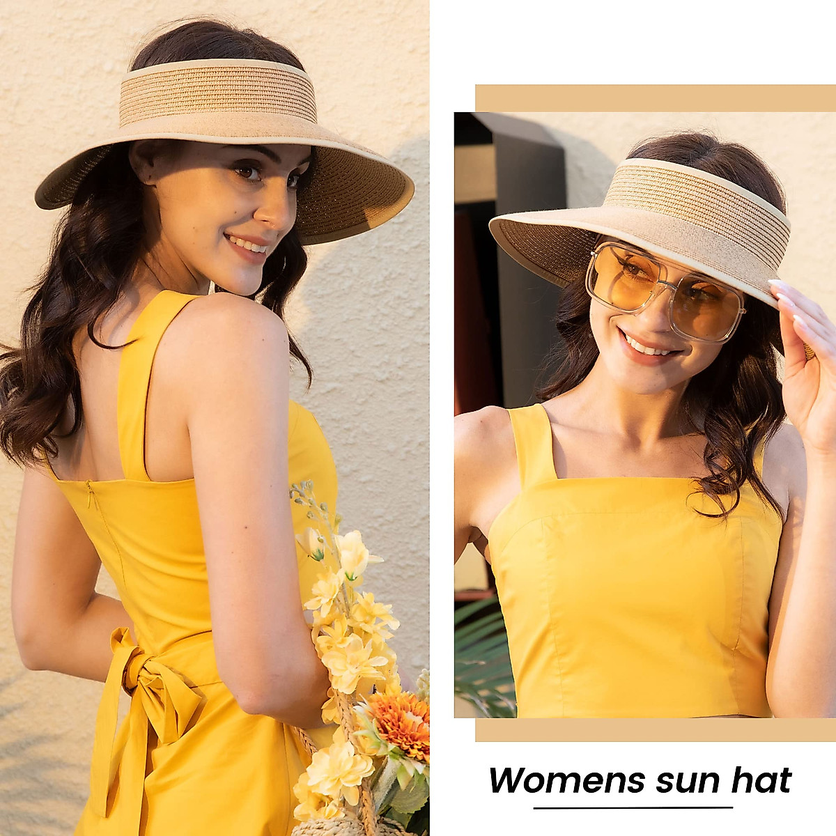 Beach Hats for Women Foldable Womens Visor Sun Hat Womens Wide Brim Hats for Women Fashionable Hats with Ponytail Hole On Top UV Protection Fishing Hat, Natural