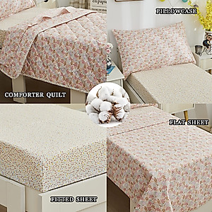 Brandream Vintage Toddler Bedding Set for Girls Pink Floral Comforter Quilt Bedding Bed in A Bag Farmhouse Sheet Set with Pillowcase Adorable Pokla Dot, 4 Piece