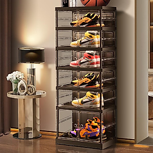 EHAMILY 6 Tiers 6-12 Pairs Foldable Shoe Boxes Large Plastic Shoe Storage Rack Collapsible Shoe Organizer for Closet Clear Stackable Shoes Shelf Storage Cabinet with Doors Quick Assembly Black