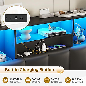 VIAGDO Queen Bed Frame with Bookcase Headboard, Wood Bed Frame Queen Size with Charging Station, 4 Storage Drawers and LED Lights, Upholstered Bed with Type-C and USB, No Box Spring Needed, Black