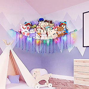 Stuffed Animal Net or Hammock with LED Light, Toy Hammock Hanging Stuffed Animal Storage Organizer Holder Room Décor with Tassels for Nursery Play Room Kids Bedroom (Purple)