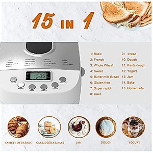Davivy Bread Maker Machine 3LB with 2 Dough Kneading Paddle Dough Maker,15-in-1 Automatic Bread Machine Maker with Nonstick Bowl For Bread, Jam& Yogurt, 3 Loaf Sizes and 3 crust settings,15-H Delay Timer（850W,Silver,3.3LB）