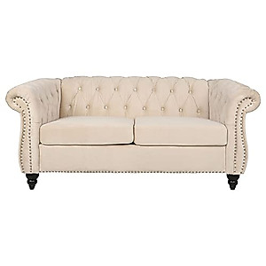 MIYZEAL Modern Chesterfield Loveseat, Velvet 2 Seater Couch Upholstered Sofa with Tufted Back, Roll Arm Classic Settee with Nailhead Trim for Living Room Bedroom (Beige)