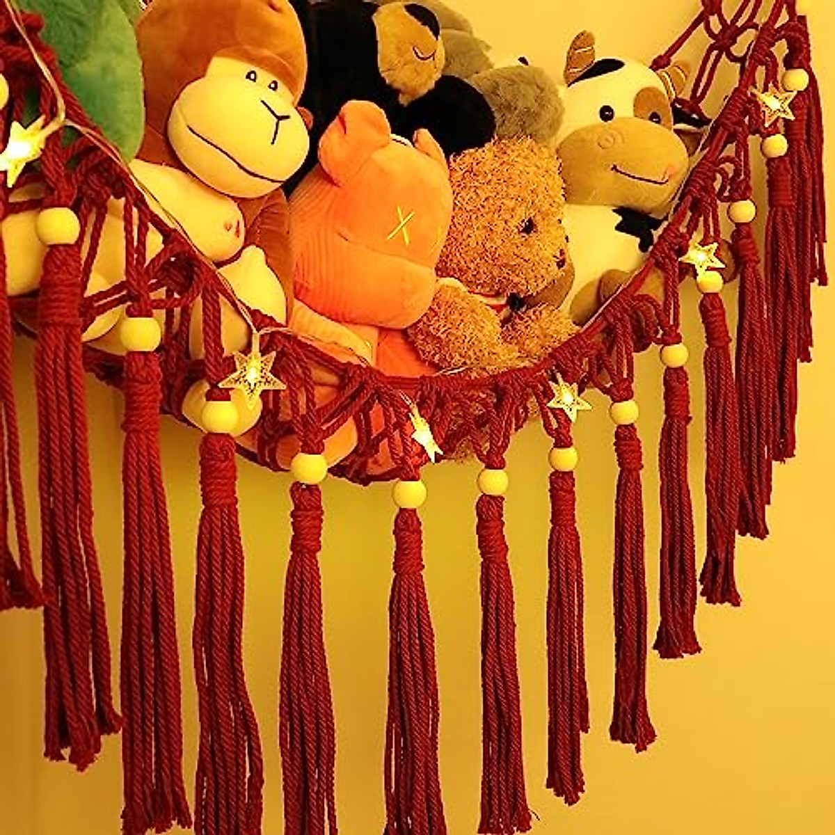 Razella Red Stuffed Animal Net or Hammock with LED Light Macrame Small Squishmallow Net Hammock for Wall Bedroom Living Boho Kids Room Decor