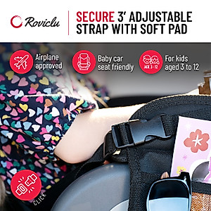 ROVICLU Car Seat Travel Tray for Kids - Carseat Trays Accessories, Toddler Activity Table, Road Trip Essentials - Shoulder Strap Pad, Erasable Board, Smartphone/Table Stand.