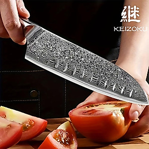KEIZOKU Damascus Steel Santoku Knife 7 Inch, Japanese Professional 10Cr15MOV Blade with Hand Forged Hammer Pattern, Ultra Sharp Kitchen Knife with Abalone Shell Ergonomic Handle