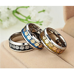 PAMTIER Titanium Steel 8 MM Four Clover Leaf Inlay Pattern Rings for Women Beveled Edges Black Size 9