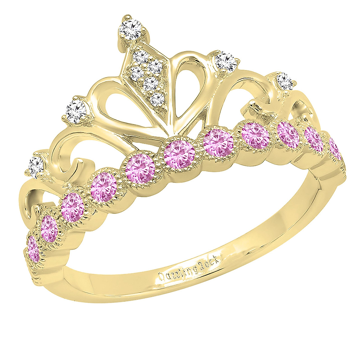 Dazzlingrock Collection Round Pink Sapphire & White Diamond Crown Style Engagement Ring for Women in 10K Yellow Gold, Size 6.5