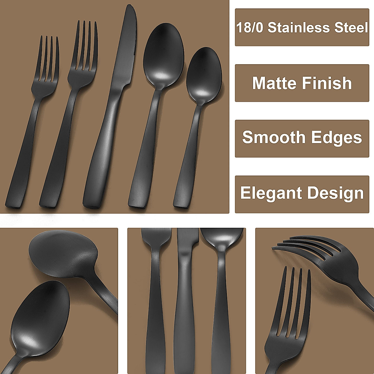60-Piece Black Silverware Set for 12, HaWare Stainless Steel Flatware with Mellow and Full Square Handle, Cutlery Set for Home Kitchen, Include Fork Knife Spoon, Matte Finish, Dishwasher Safe