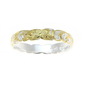 Arthur's Jewelry Sterling Silver 925 4mm 2tone yellow gold plated Hawaiian scroll hand engraved cut out ring band size 10