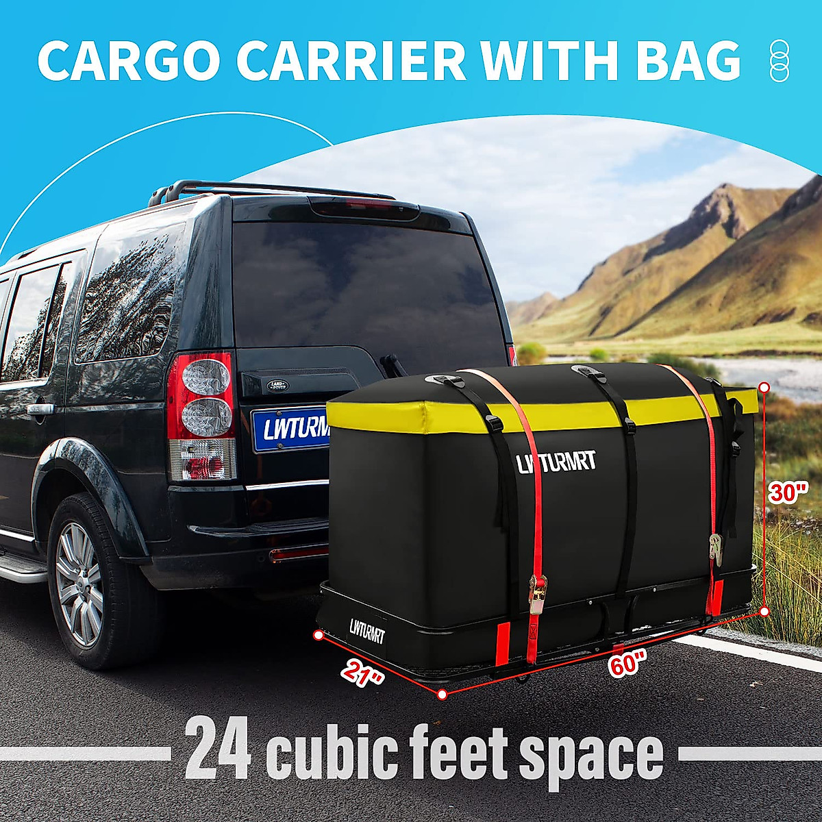 LWTURMRT 60"X21.6"X6" Hitch Cargo Carrier with Waterproof Cargo Bag(58"X20"X24"), Rust Resistant Baking Paint and Alloy Steel Material