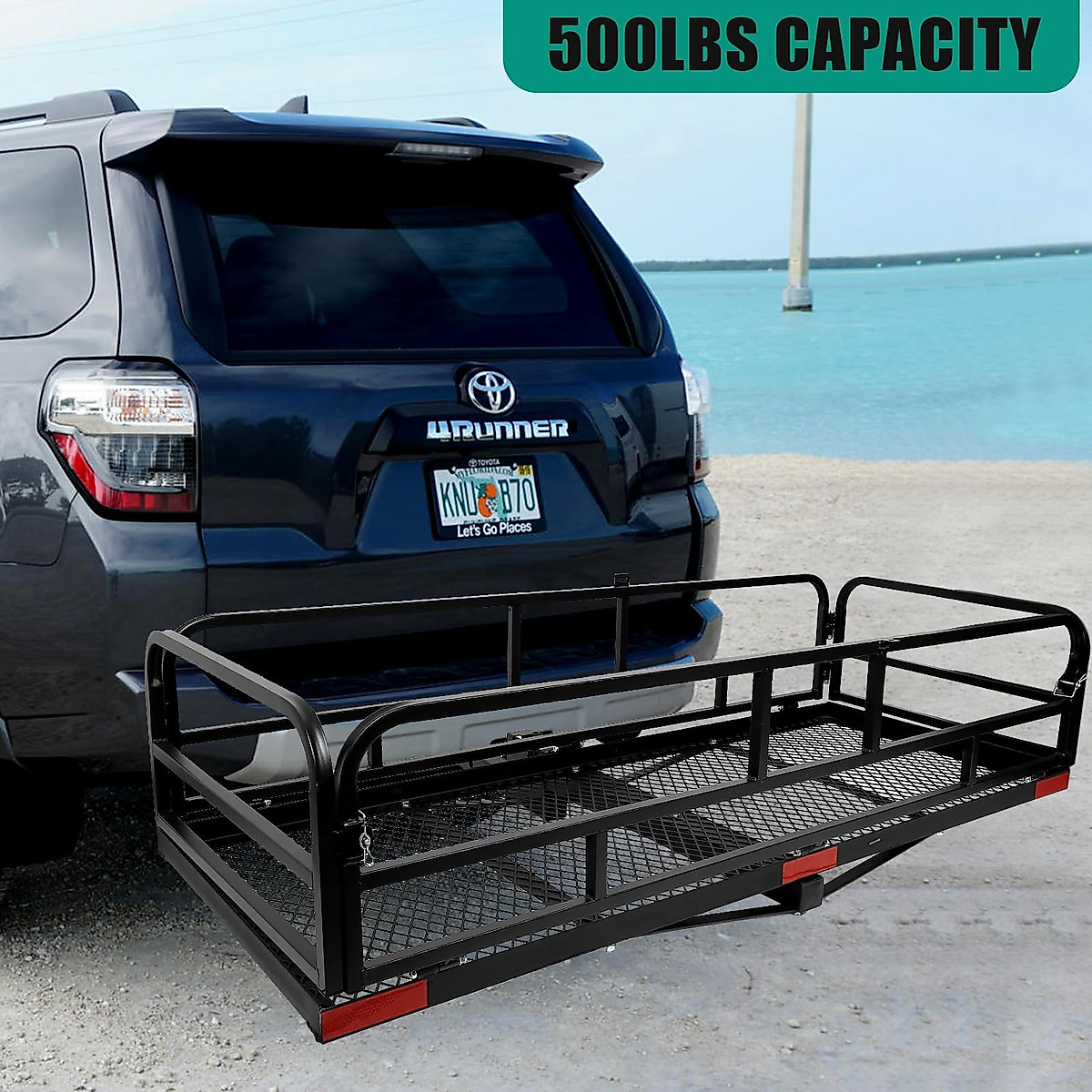 Trailer Hitch Cargo Rack, 60 x 24 x 14 Inch Folding Hitch Mount Cargo Carrier with High Side Rails for RV Truck SUV Van, 500 lbs. Capacity, 2" Receiver, Black