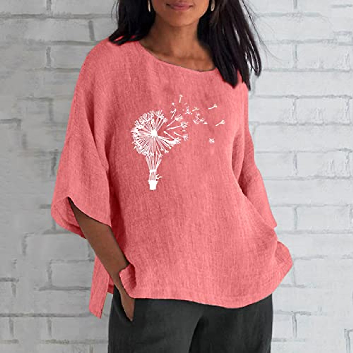 Summer Women Cotton Linen Tshirt Tops Trendy 3/4 Sleeve Casual Dandelion Tunic Tees Side Slit Comfy Soft Flowy Blouses Pink