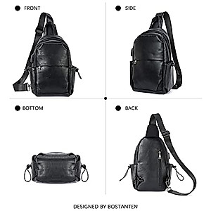 BOSTANTEN Sling Bag Leather Crossbody Backpack Shoulder Bag for Men Travel Hiking Everyday Use, Black