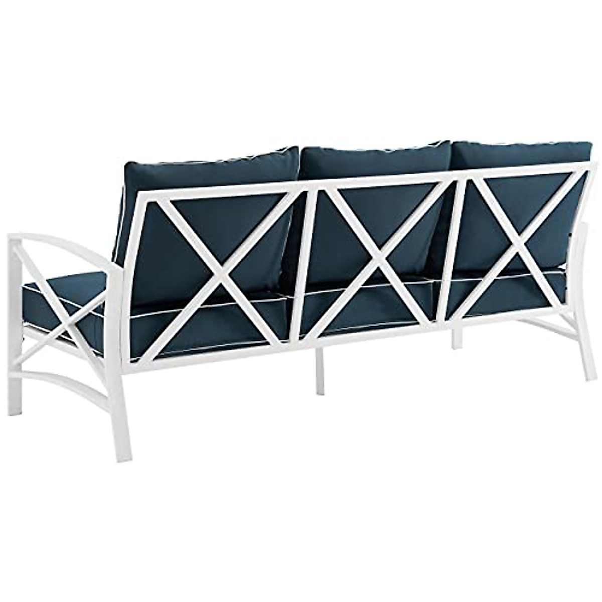 Crosley Furniture Kaplan Outdoor Sofa with Steel Frame, 3-Person Patio Couch for Porch, Deck, Backyard, White with Navy Cushions