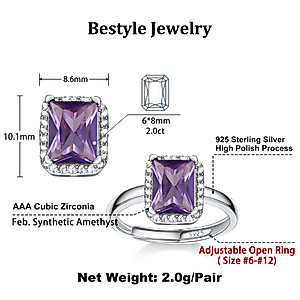 Bestyle 925 Sterling Silver Square Crytsal Cubic Zirconia Rings | Classic Silver February Amethyst Crystal Birthstone Rings for Women, Great Birthday Gift for Daughter/Wife/Mom/Grandma
